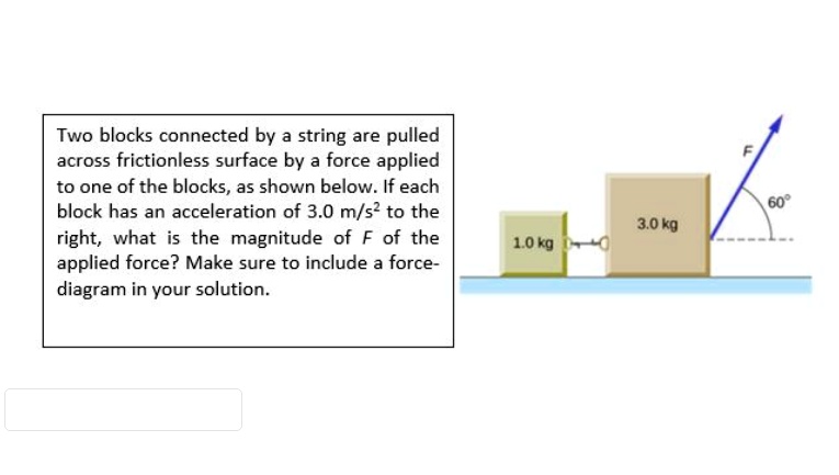 two blocks connected by a string are pulled across frictionless surface by force applied to one ...