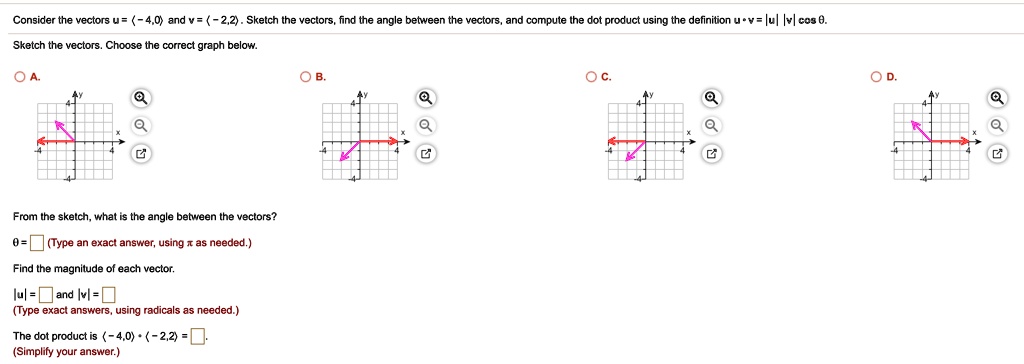 SOLVED: Consider the vectors u = (-4,0) and v = (-2,2). Sketch the vectors, find the angle ...