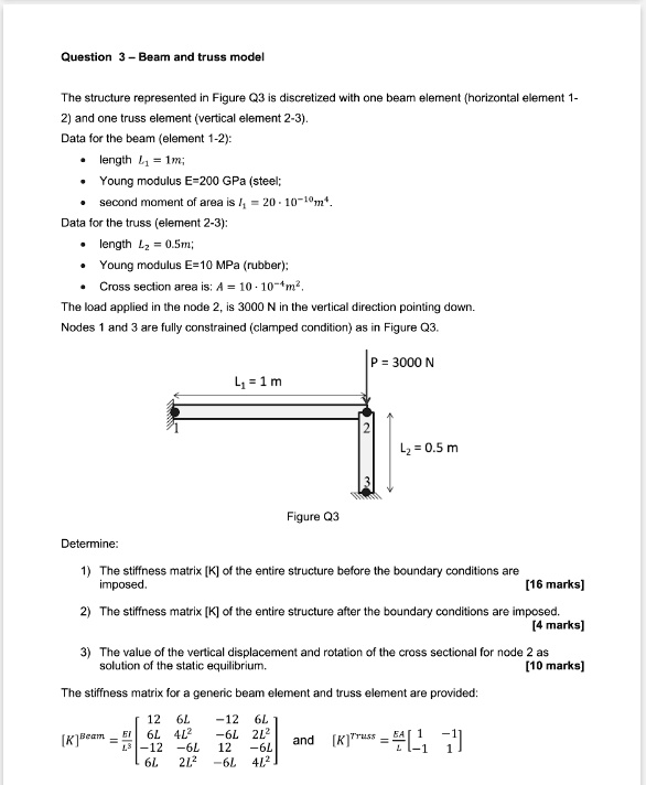 Question 3 - Beam and truss model The structure represented in Figure Q3 is discretized with one ...
