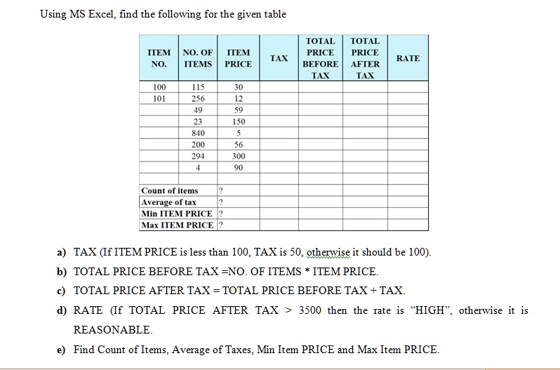 Using MS Excel, find the following for the given...