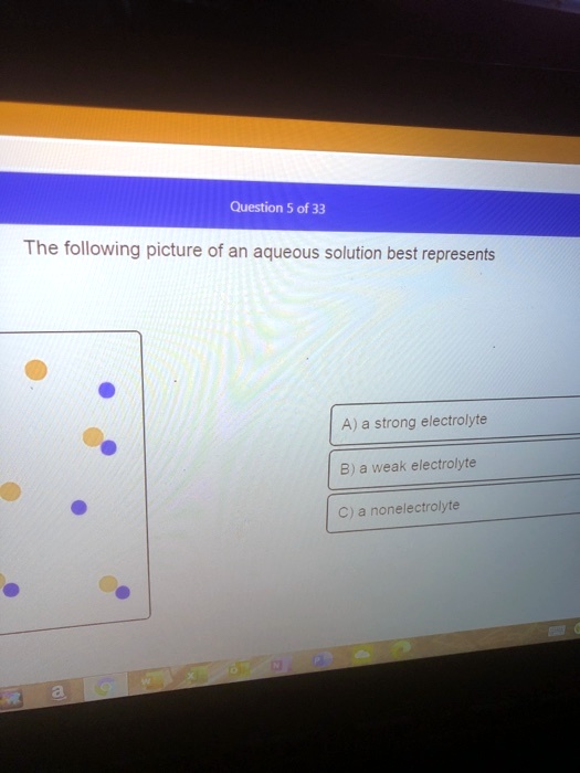 SOLVED: Question of 33 The following picture of an aqueous solution best represents strong ...
