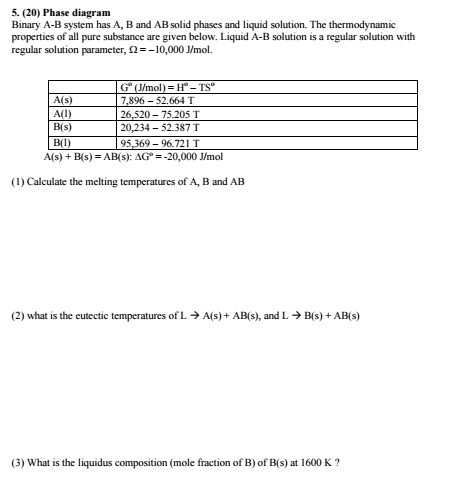 5. (20) Phase diagram Binary A-B system has A, B and AB solid phases ...