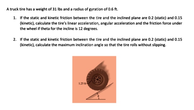 A truck tire has a weight of 31 lbs and a radius of gyration of 0.6 ft ...