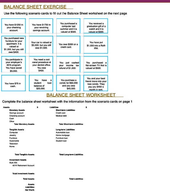 balance sheetexercise use the following scenario cards to fill out the ...