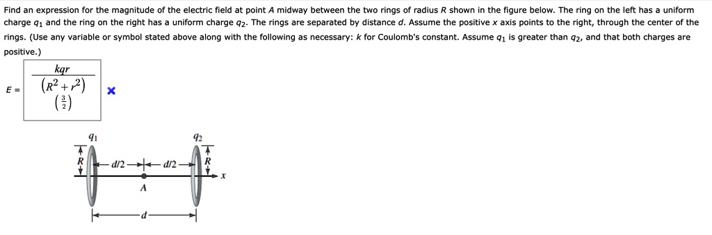 find an expression for the magnitude of the electric field at point midway between the two rings ...