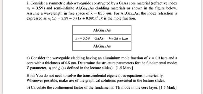 SOLVED: Consider a symmetric slab waveguide constructed by a GaAs core material (refractive ...