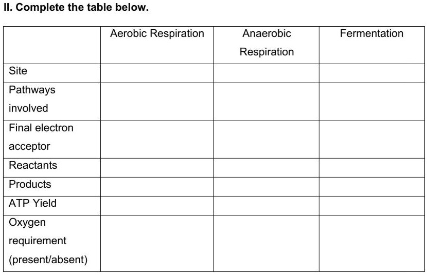 SOLVED: II. Complete the table below: Aerobic Respiration Anaerobic ...