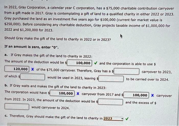 SOLVED: In 2022, Gray Corporation, a calendar year C corporation, has a ...