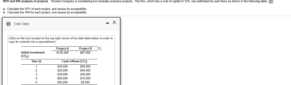 SOLVED: Calculate the NPV of each project and assess its acceptability. Calculate the IRR for ...