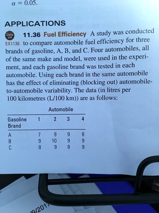0.05. APPLICATIONS Data set 11.36 Fuel Efficiency A study was conducted ...