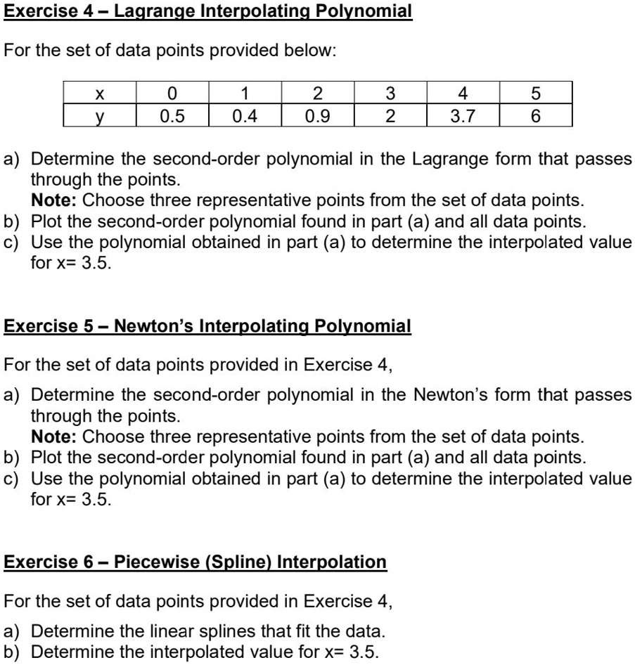 Solved Exercise 4 Lagrange Interpolating Polynomial For The Set Of Data Points Provided Below 2472