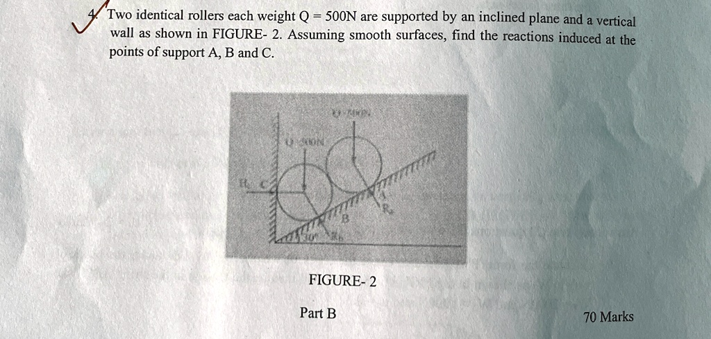two identical rollers each weight q 500n are supported by an inclined plane and a vertical wall ...
