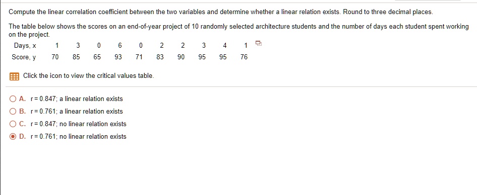 SOLVED: Compute the linear correlation coefficient between the two variables and determine ...