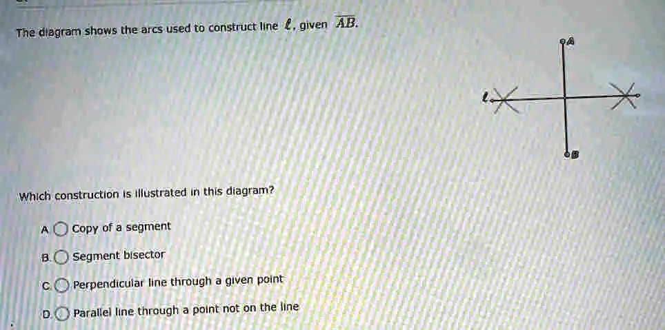 SOLVED: The diagram shows the arcs used to construct line â‚¬, given AB. Which construction is ...