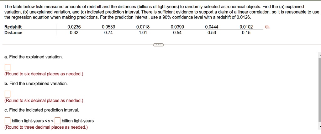 SOLVED: The table below lists measured amounts of redshift and the distances (billions of light ...