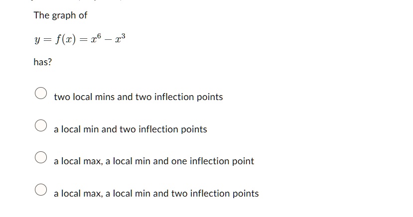 The graph of y = f(x) = x^6 - x^3 has? two local mins and two ...