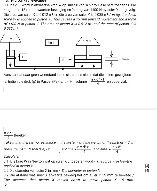 3.1 In fig. 1 word 'n afwaartse krag W op suier X van ' n hidrouliese ...