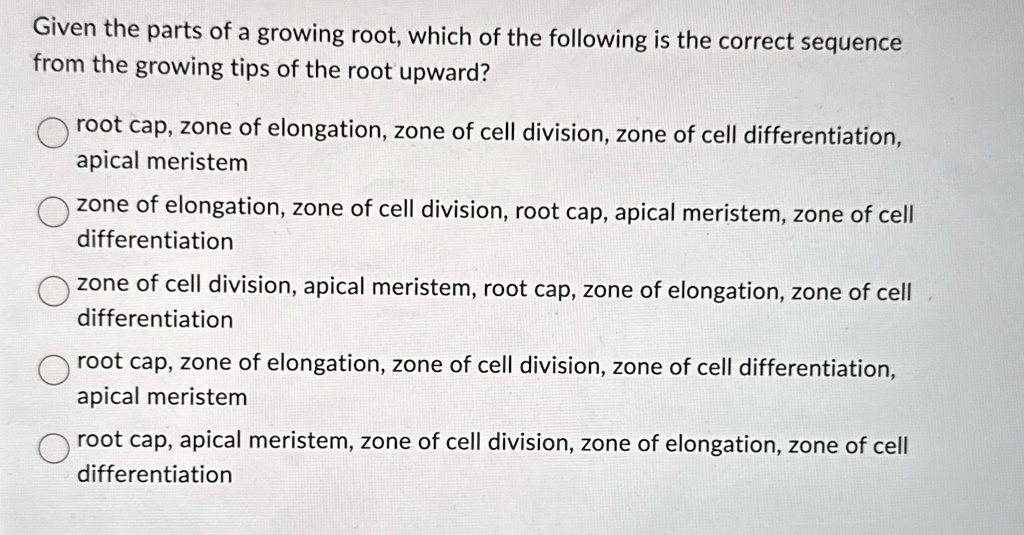 given the parts of a growing root which of the following is the correct ...