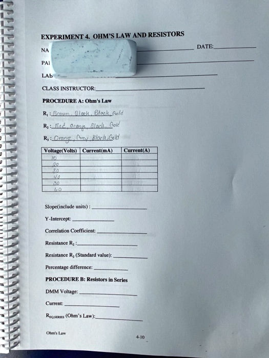 experiment 4 ohms law and resistors date pai lab class instructor ...