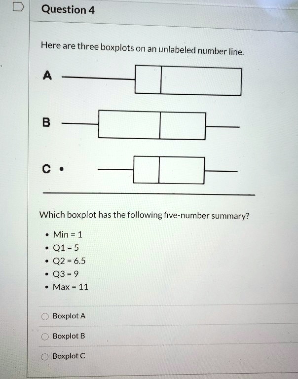 SOLVED: Question 4 Here are three boxplots on an unlabeled number line: B Which boxplot has the ...