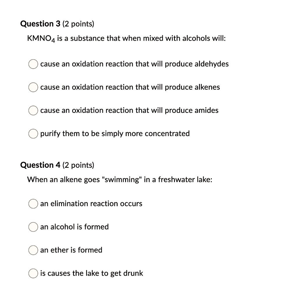 SOLVED: Question 3 (2 points) KMNO4 is a substance that when mixed with ...