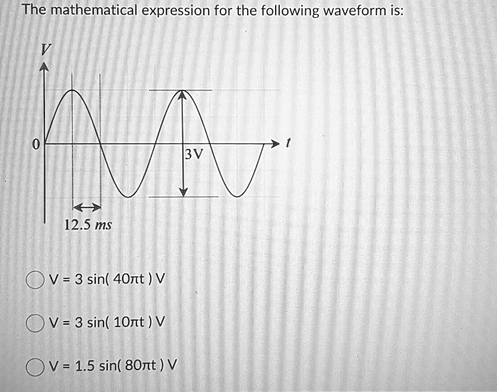 SOLVED: The mathematical expression for the following waveform is: 3V 12.5 ms V = 3 sin( 4Ï‰t ...