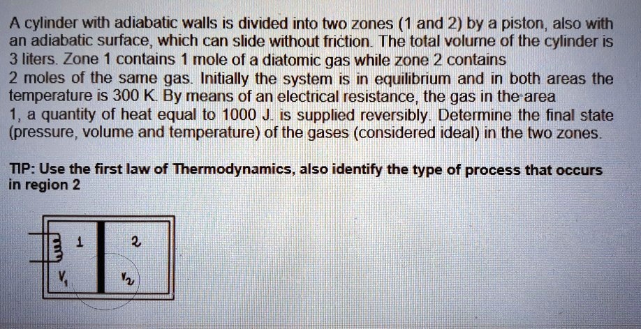 SOLVED: A cylinder with adiabatic walls is divided into two zones 1 and 2 by a piston, also with ...