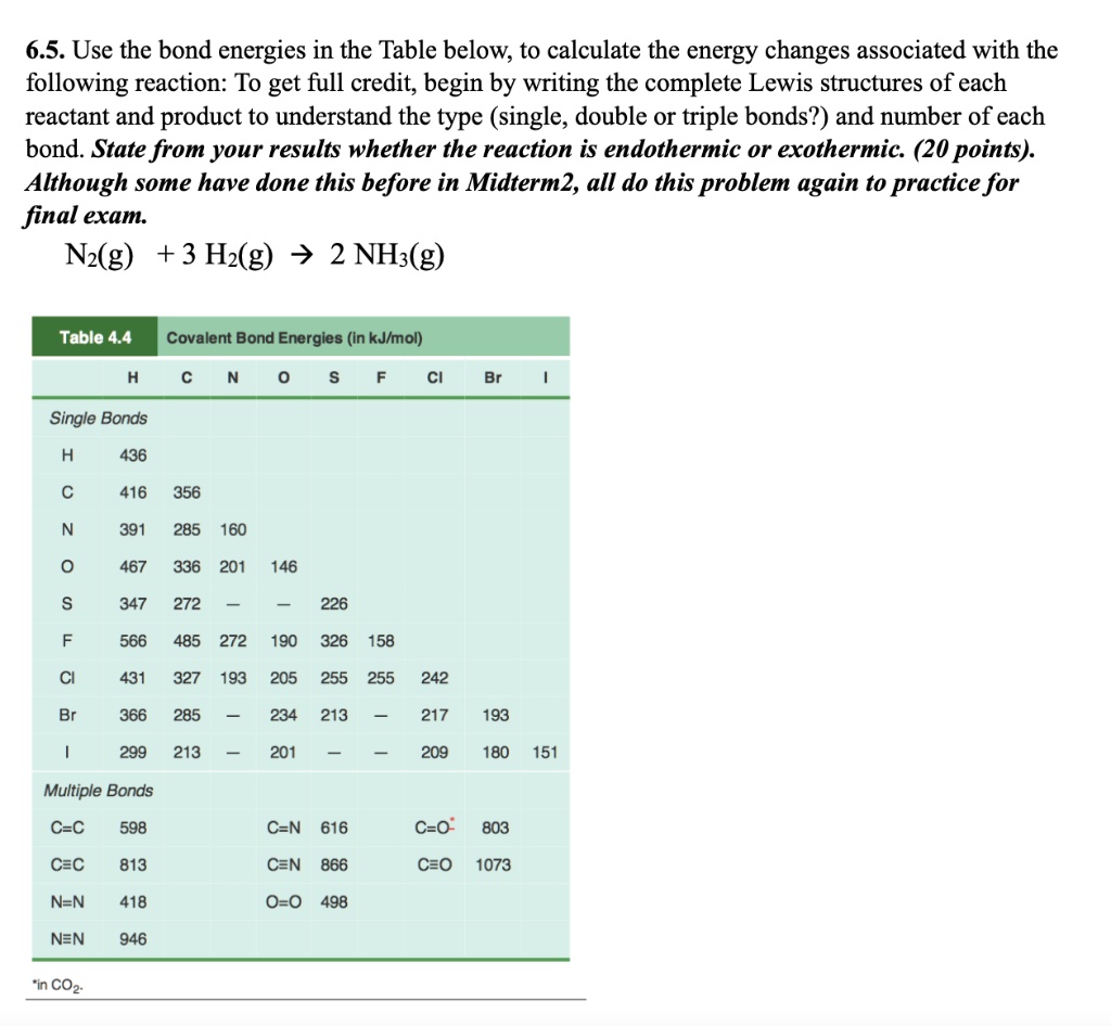 SOLVED: 6.5. Use the bond energies in the Table below to calculate the ...