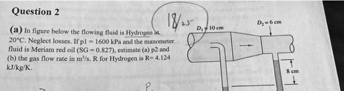 Question 2 (a) In figure below the flowing fluid is Hydrogen at 20°C ...