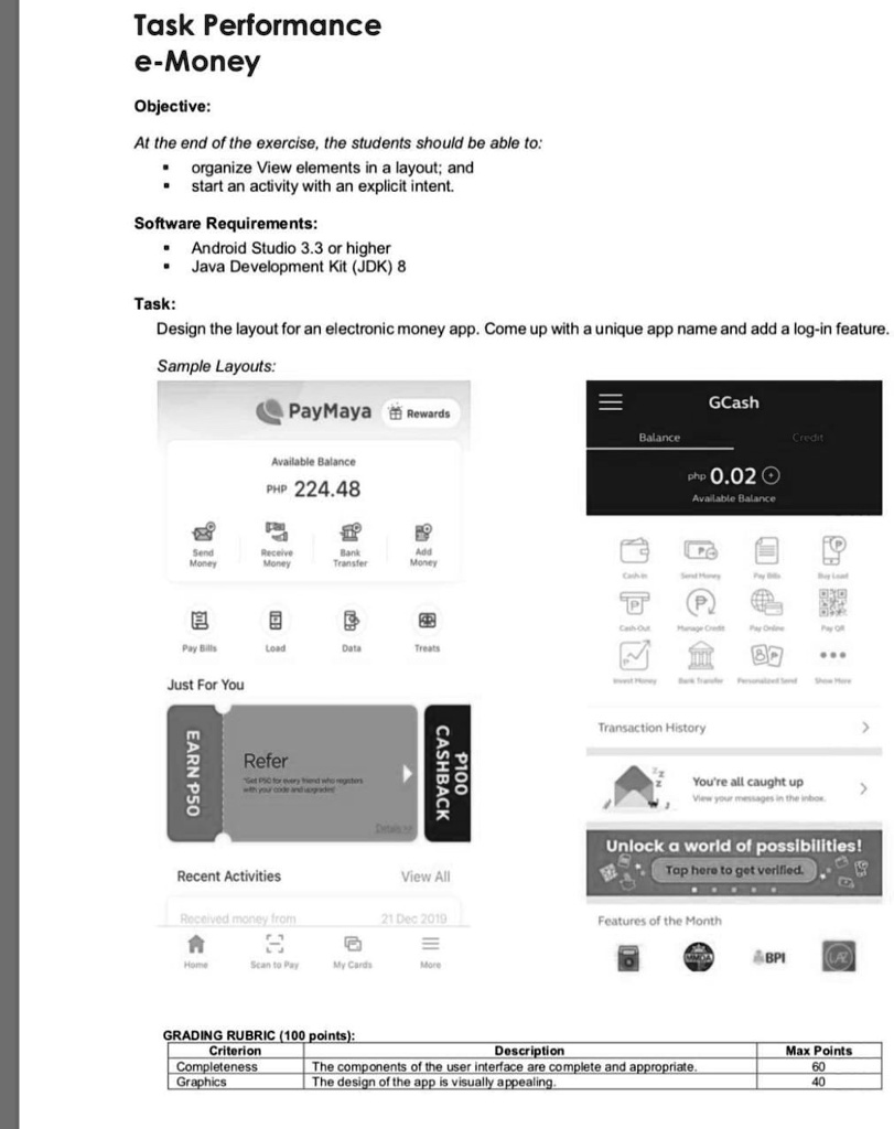 Task Performance e-Money Objective: At the end of the exercise, the students should be able to ...