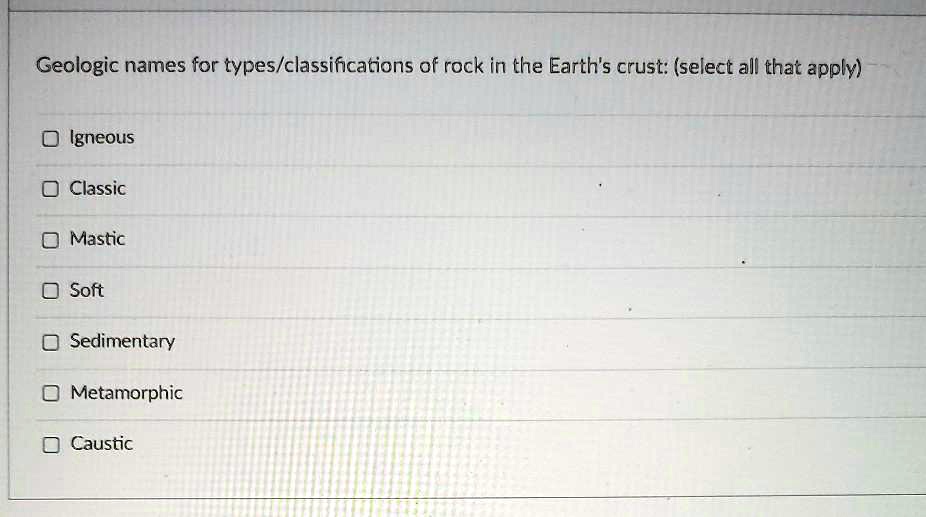 SOLVED: Geologic names for types/classifications of rock in the Earth's ...