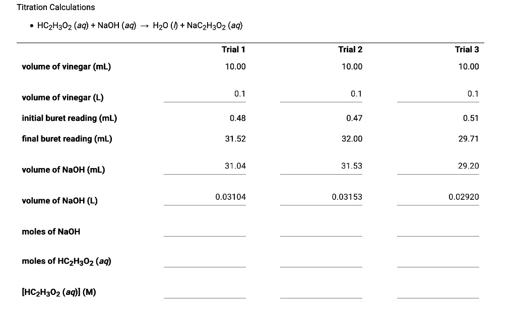 SOLVED:Titration Calculations HCzH3Oz (aq) NaOH (aq) Hzo ( NaCzH3Oz (aq ...