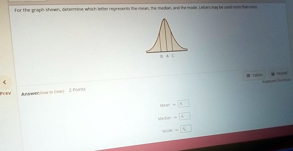 for the graph shown determine whlch letter represents the mean the ...