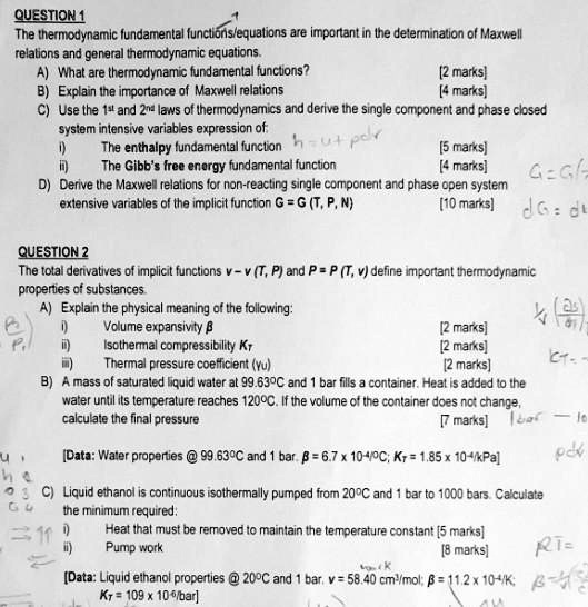 SOLVED: Texts: QUESTION 1: The thermodynamic fundamental functions ...