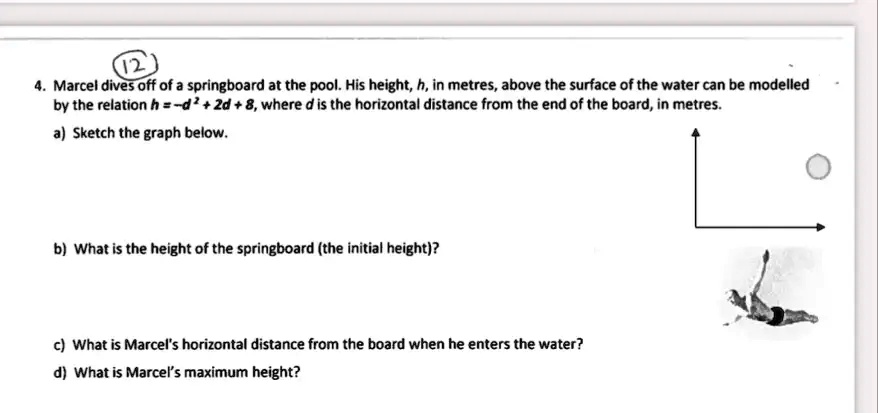 Marcel dives off of a springboard at the pool. His height; h, in metres ...