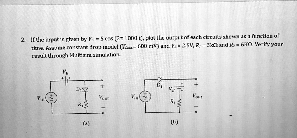 SOLVED: 2.If the input is given by Vin=5 cos 2n 1000 t),plot the output of each circuits shown ...