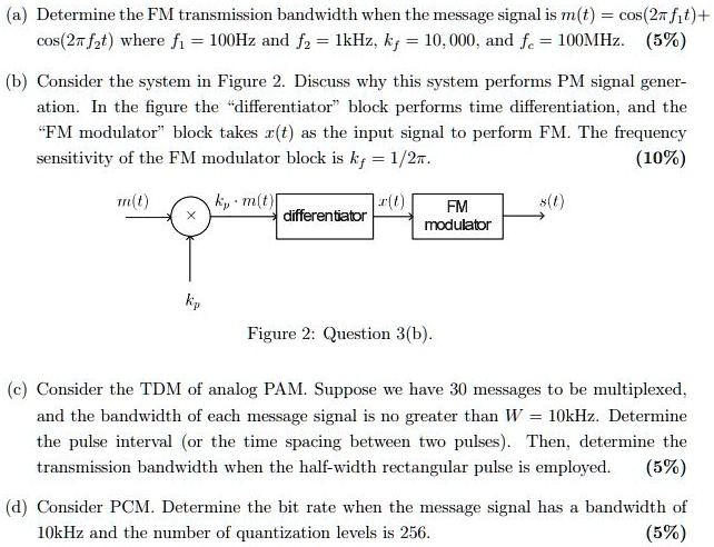 SOLVED: (a) Determine the FM transmission bandwidth when the message signal is m(t) = cos(2Ï€ft ...