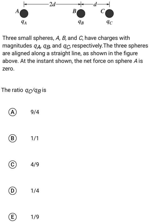 2d- -d- A B C qA ?? 9c Three small spheres, A, B, and C, have charges with magnitudes qa, qB ...