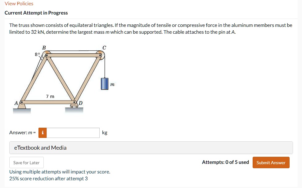 View Policies Current Attempt in Progress The truss shown consists of equilateral triangles. If ...