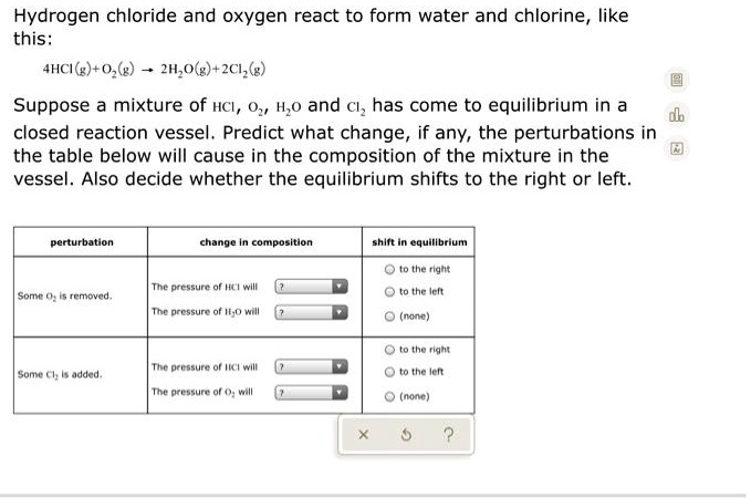 Hydrogen chloride and oxygen react to form water and...