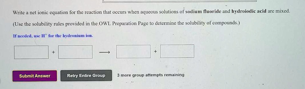 SOLVED: Write a net ionic equation for the reaction that occurs when aqueous solutions of sodium ...