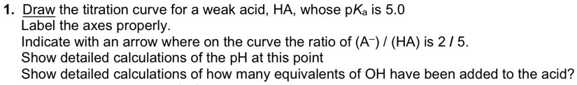 SOLVED: Draw the titration curve for a weak acid, HA, whose pKa is 5.0 ...