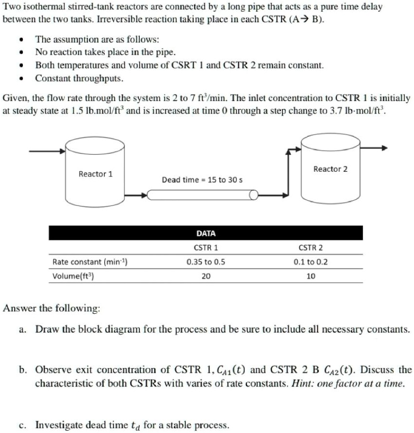 SOLVED: Two isothermal stirred-tank reactors are connected by a long pipe that acts as a pure ...