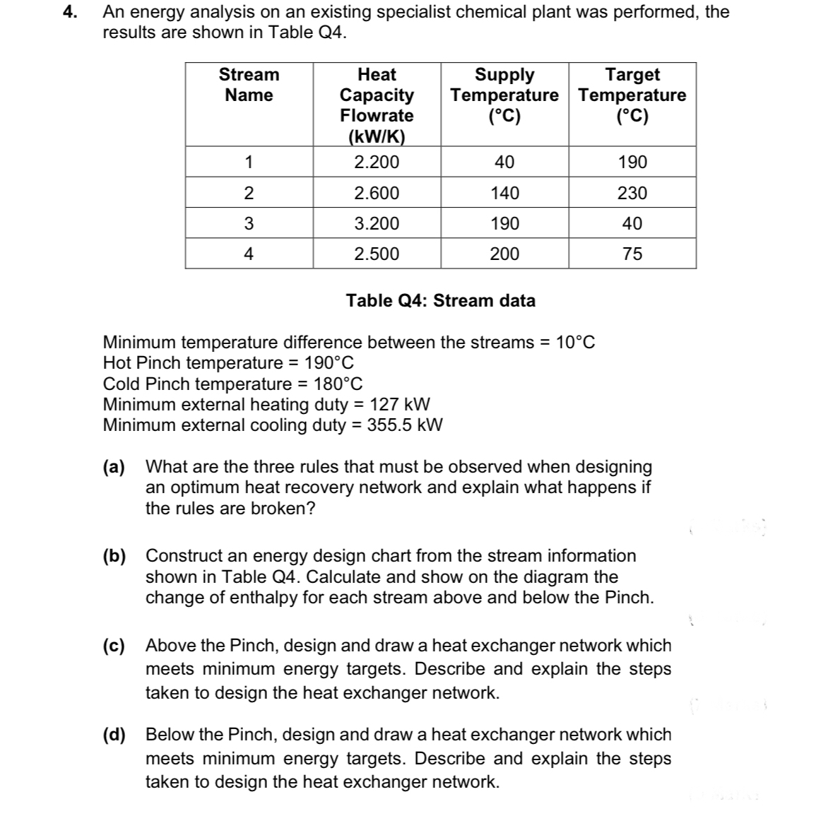 SOLVED: 4. An energy analysis on an existing specialist chemical plant was performed, the ...