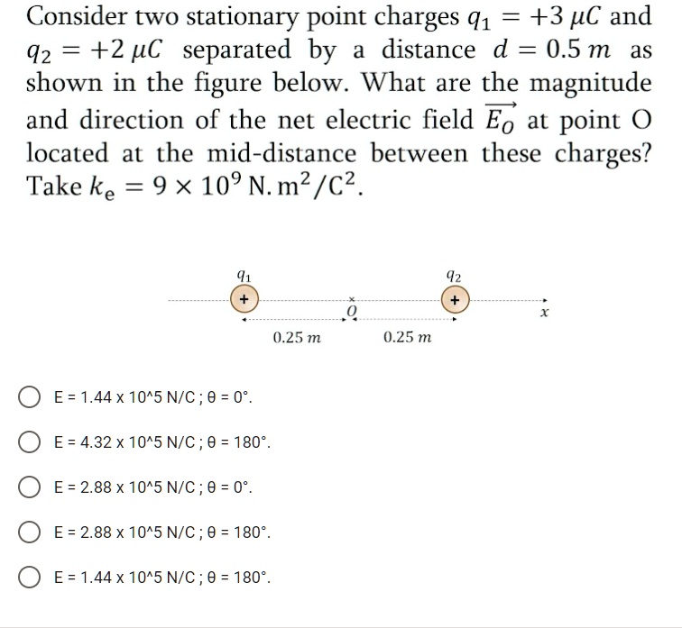 SOLVED: Consider two stationary point charges q1 = +3 pC and q2 = +2 Î¼C separated by distance d ...