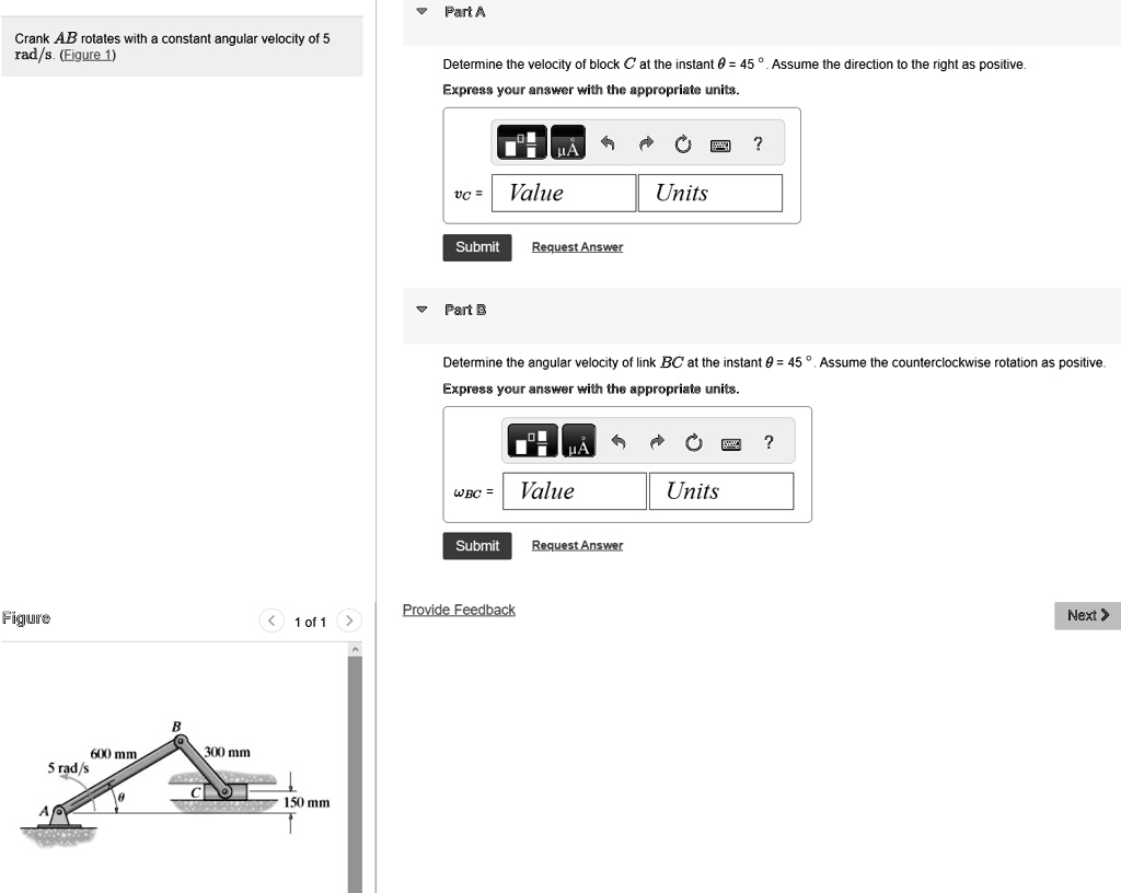 Part A Crank Ab Rotates With A Constant Angular Velocity Of 5 Rad S Figure 1 Figure 5 Rad S A
