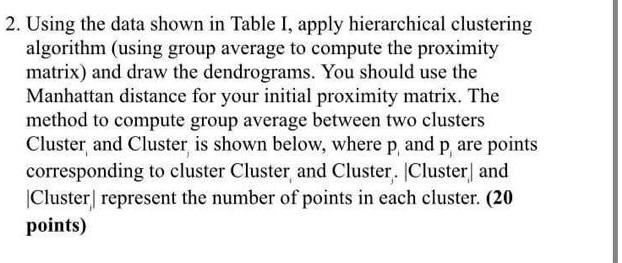 Solved Using The Data Shown In Table I Apply The Hierarchical Clustering Algorithm Using 1931