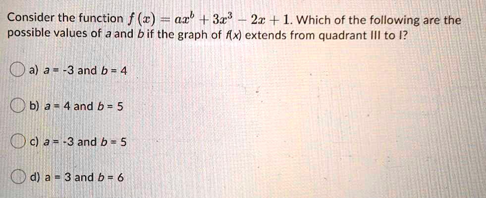 SOLVED:Consider the function f (x) axb + 323 2x + 1. Which of the following are the possible ...
