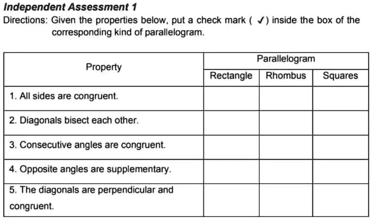SOLVED: Independent Assessment 1 Directions: Given the properties below; put a check mark ...