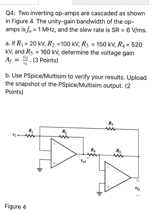 SOLVED: Q4: Two inverting op-amps are cascaded as shown in Figure 4. The unity-gain bandwidth of ...